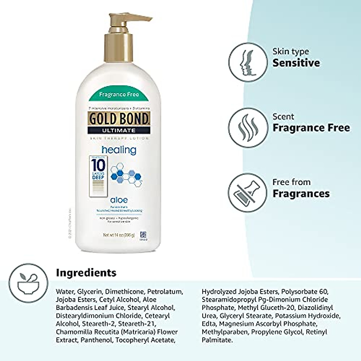 Gold Bond Fragrance Free Healing Hydrating Lotion, 14 oz., With Aloe, Immediate 24-Hour Hydration