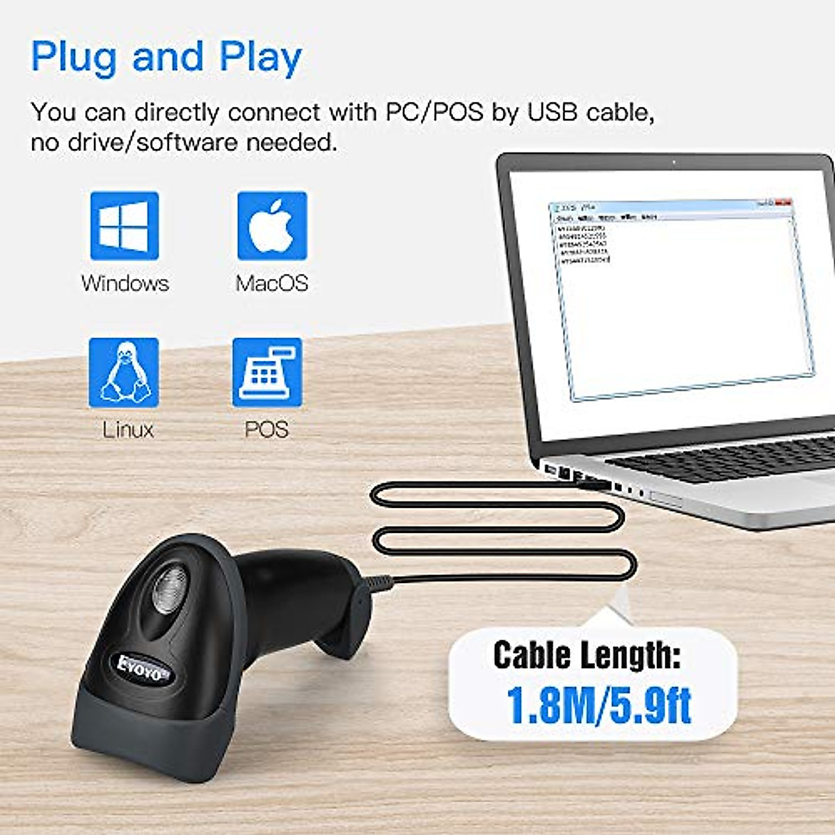 Eyoyo Handheld USB 2D Barcode Scanner, Wired Automatic QR Code Scanner PDF417 Data Matrix Bar Code Reader with Long USB Cable for Mobile Payment, Convenience Store, Supermarket, Warehouse