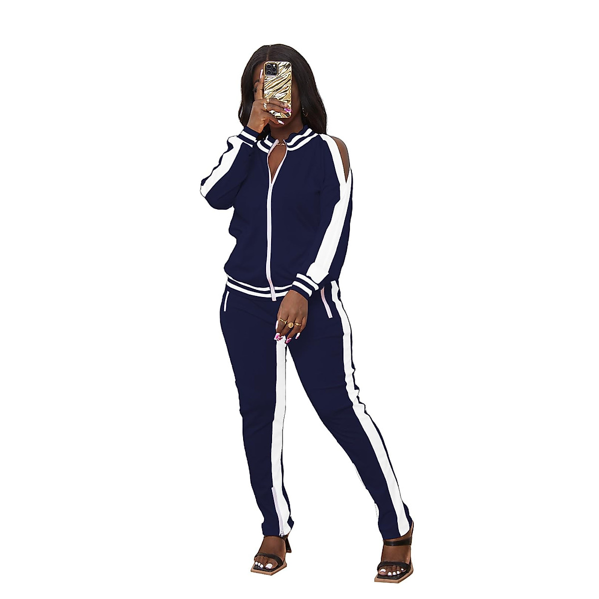 TOPONSKY Matching Lounge Set Warm Up Suits For Women 2 Pieces Sweaters Navy White M