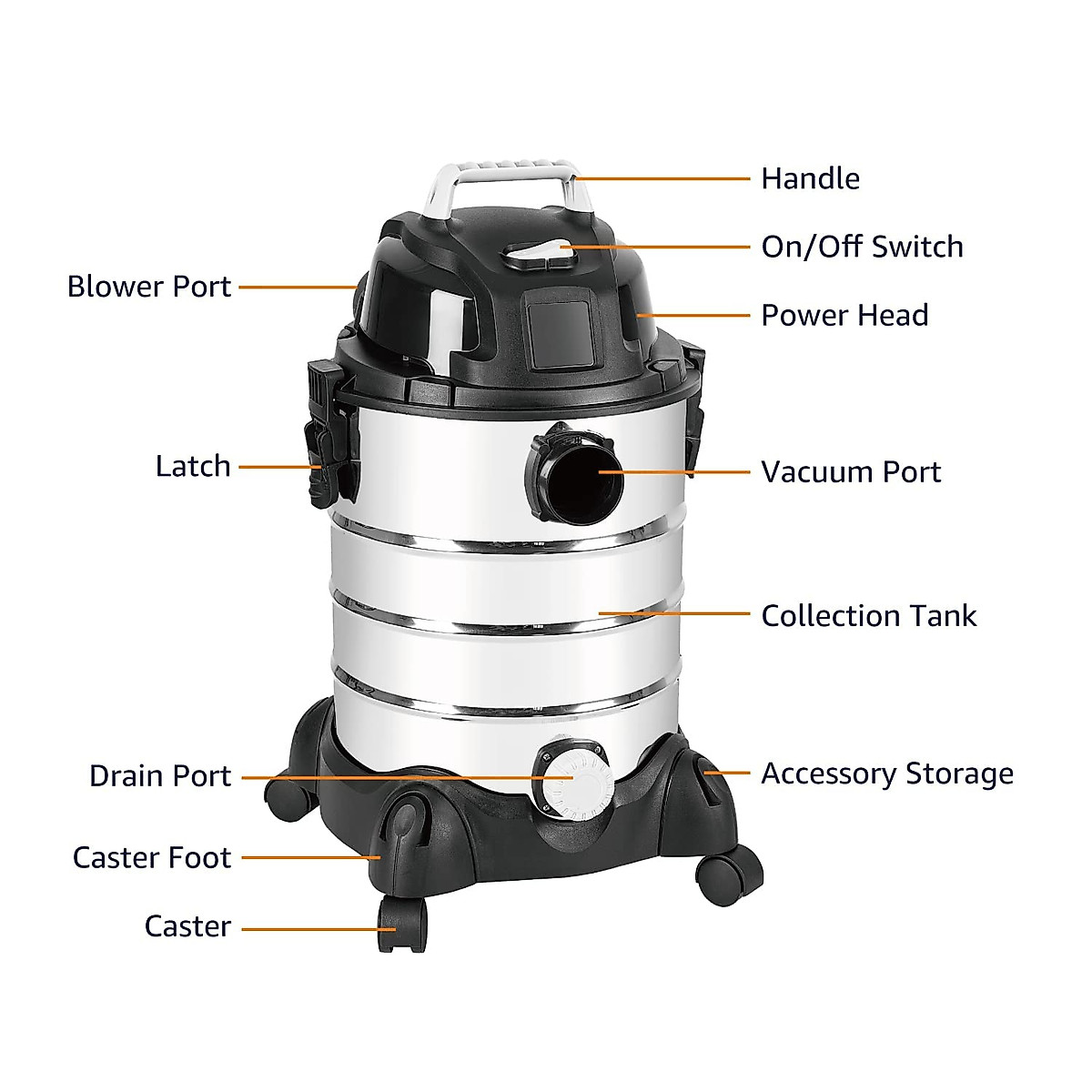 Amazon Basics 6 Gallon, 3.5 HP Stainless Steel Wet/Dry Vacuum, Ss, Grey, Black