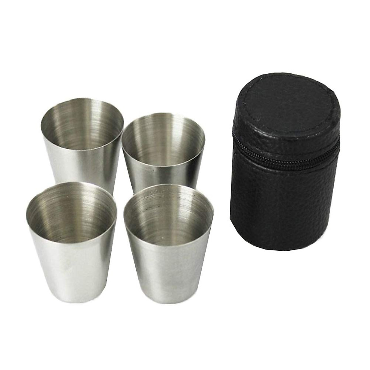 KOZOREN Stainless Steel Shot Glass Cup Drinking Mug with Black PU Leather Cover Case, 1oz (Set of 4)