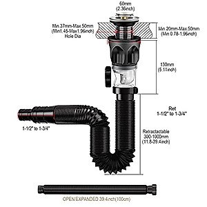 Upgraded Bathroom Sink Drain Kit, with Flexible & Expandable P-Trap Sink Drain Pipe Tube, Built-in Anti-Clogging Stopper Pop Up Drain, Suitable for 1-1/2'' OD Drain Inlets