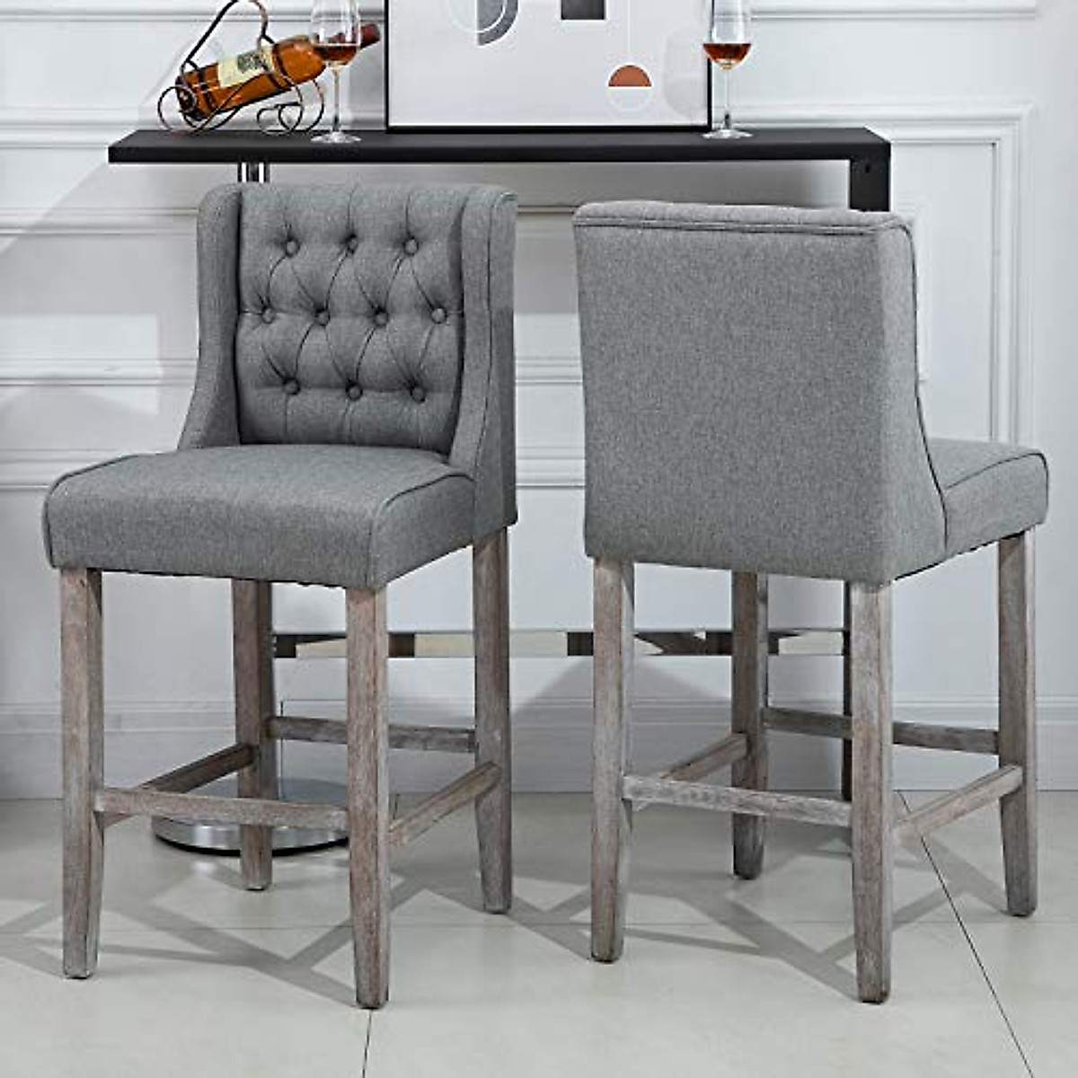 HOMCOM 26.25" Counter Height Bar Stools Set of 2, Tufted Wingback Armless Upholstered Dining Chair with Rubber Wood Legs, Grey