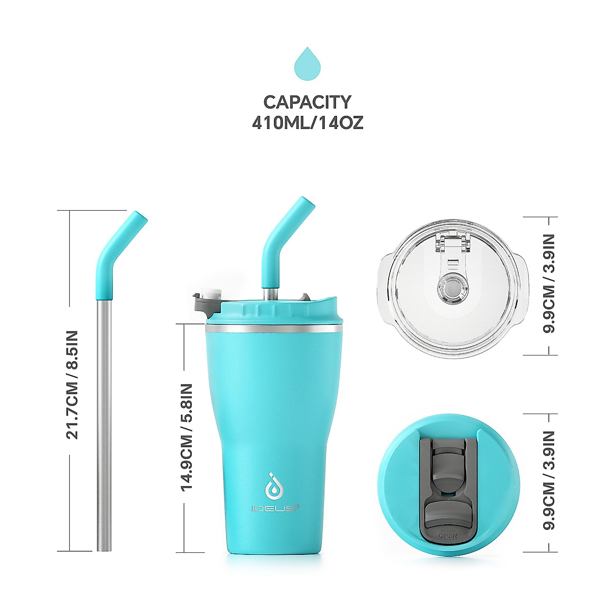 Ideus 14oz Stainless Steel Leak Proof Tumbler, Insulated Coffee Mug with Lid and Straw, Spill Proof Travel Coffee Cup, Double Wall Vacuum Flask for Adult Men and Women, Sky Blue