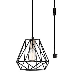 Globe Electric 60846 1-Light Plug-In or Hardwire Pendant Lighting, Dark Bronze, Antique Brass Accent Socket, Cage Shade, 15-Foot Black Fabric Cord, In-Line On/Off Switch, Pendant Lights Kitchen Island