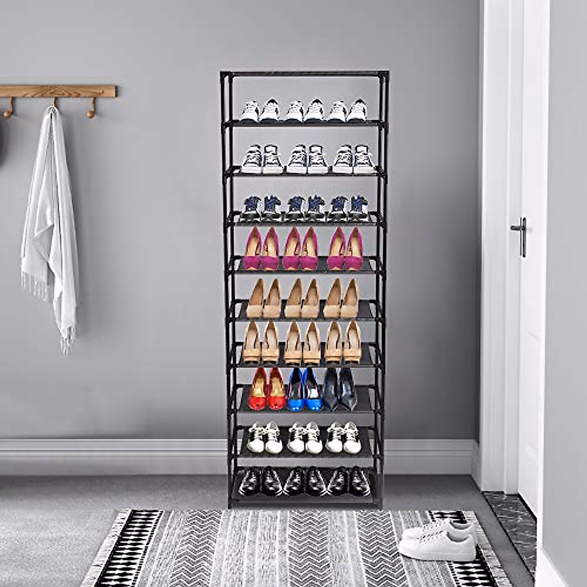 DESIGNSCAPE3D 10-Tier Stackable Shoe Rack - Portable Organizer for Entryway or Porch with Stainless Steel Frame and Non-Woven Fabric Shelves (Black)