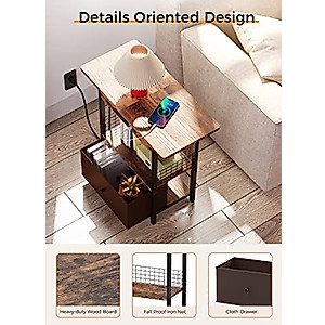 GiveBest End Table with Charging Station, Narrow Side Table with Cloth Drawer and Open Storage, Sofa Table with USB Ports and Outlets, Slim Bedside Table with Open Shelves for Living Room, Office