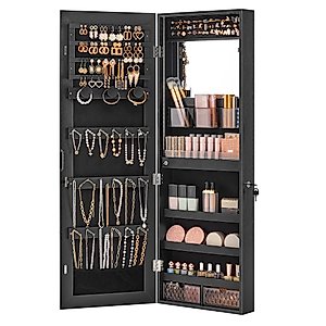 SONGMICS Jewelry Cabinet Armoire Organizer with LED Lights, Wall-Mounted Storage Cabinet with Full-Length Frameless Mirror, Built-in Makeup Mirror, 2 Drawers, Lockable, Black UJJC013B01