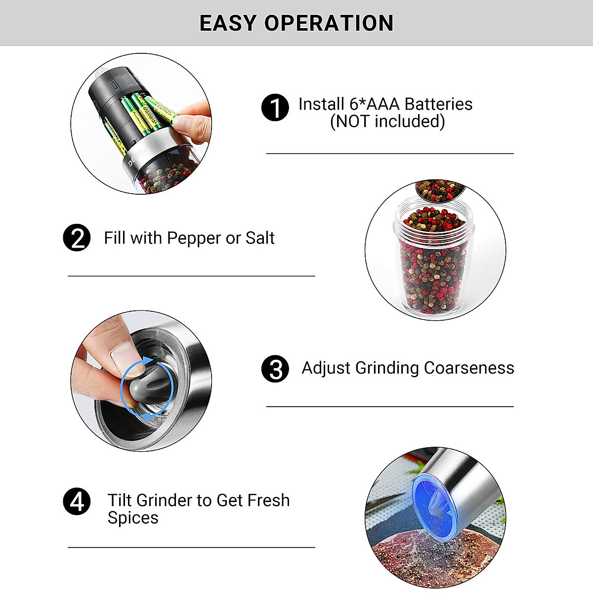 Automatic Salt Pepper Grinder or Gravity Pepper Mill Battery Operated Electric Salt and Pepper Grinder with Adjustable Coarseness (1, 2 Pack - 2.5 × 8)