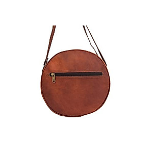 Handmade Vintage Leather Crossbody Bag Women/Teen Girls Satchel Handbag Round Messenger Sling Bags, 10 Inch Small, Brown