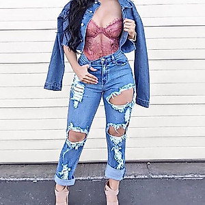 Maiyifu-GJ Women's High Waisted Ripped Boyfriend Jeans Loose Fit Distressed Destroyed Denim Pants Casual Comfy Stretch Jeans (Blue,Large)