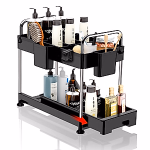 Luyata 2 Pack Under Sink Organizers, 2 Tier Under Cabinet Organizer Sliding, Under Cabinet Storage, Kitchen Organizer, Bathroom Organizer Under Sink With 8 Divider 8 Hooks and 4 Hanging Cups Black