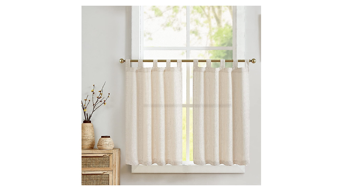 Beige Linen Kitchen Curtains 36 Inch - Light Filtering Tab Top