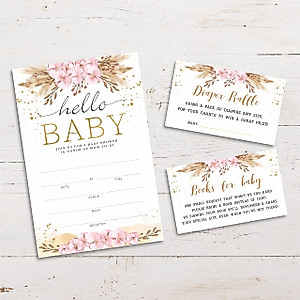Baby Shower Invitations, Diaper Raffle Tickets and Baby Shower Book Request Cards, Blush Pink Boho Floral Baby Gender Reveal Party Supplies, Gender Neutral Baby Shower Decorations - 25 Sets(YQKTZ-019)