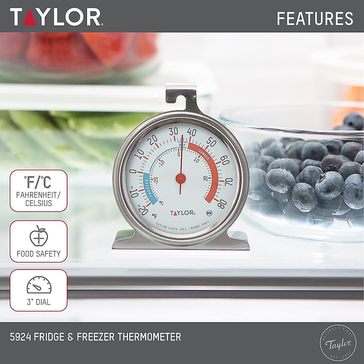 Taylor Precision Products 5924 Large Dial Kitchen Refrigerator and Freezer Kitchen Thermometer, 3 Inch Dial,Silver