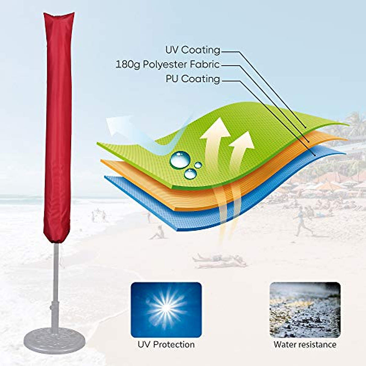 Yescom Outdoor Patio Umbrella Protective Cover Bag 180gsm Polyester Fabric fits 5' 6' 7' 8' 9' 10' Umb Garden Red