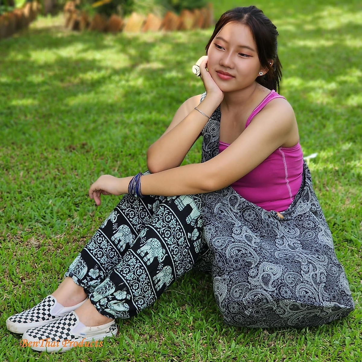 BTP! Thai Cotton Hippie Hobo Sling Crossbody Bag eco Friendly Shopping bag Paisley Print Large (Black PL3)