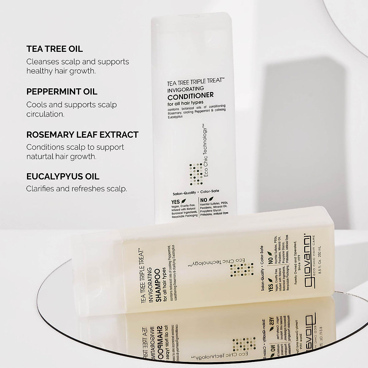 GIOVANNI Tea Tree Triple Treat Invigorating Shampoo & Conditioner Set - Cooling Peppermint, Eucalyptus, Rosemary, Helps Dry, Flaky Scalp, Salon Quality, Vegan, Cruelty Free, Paraben Free - 8.5 oz Each