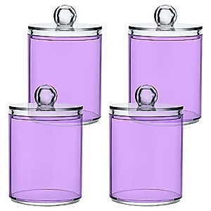 JUMBEAR 4 Pack Light Purple Solid Color Qtip Holder Dispenser with Lid 14 oz Clear Plastic Apothecary Jar Set for Bathroom Vanity Organizers Storage Containers