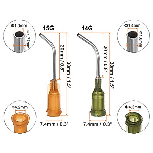 HARFINGTON 24pcs Blunt Tip Dispensing Needles 14G 15G 45 Degrees Bent Dispensing Tips 1" End Angled Dispenser Needle with Luer Elbow Blunt Needle for Oil or Glue Applicator, Olive, Amber