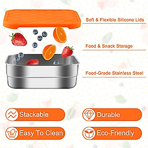MOVNO Stainless Steel Food Containers with Lids Set of 3 (28 oz, 8 oz, 8 oz) - Metal Snack Container for Kids Adults - Premium Leakproof Bento Box Storage - Lunch Box Set with Silicone Lids