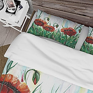 DESIGN ART Designart 'Red Bright Poppy Flowers On A Green Meadow' Traditional Duvet Cover Comforter Set Full/Queen Cover + Comforter + 2 Shams 4 Piece