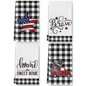 AnyDesign Patriotic Kitchen Dish Towel 18 x 28 in Buffalo Plaids American Flag Truck Dish Cloth Towel 4th of July Decorative Hand Drying Tea Towel for Independence Day Memorial Day, 4Pcs