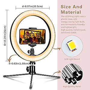 LED Ring Light 10" with Tripod Stand & Phone Holder for Live Streaming & YouTube Video, Dimmable Desk Makeup Ring Light for Photography, Shooting with 3 Light Modes & 10 Brightness Level