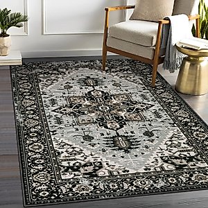 Lahome Boho Rugs for Living Room - 5x7 Area Rugs Machine Washable Throw Black Bedroom Rugs Ultra-Thin Non-Slip Large Dining Room Rug Oriental Indoor Floor Carpet for Kitchen Entraway Office Bathroom