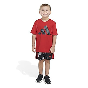 adidas Boys' Short Sleeve Poly Tee & Camo All Over Print Short Set, Better Scarlet, 7