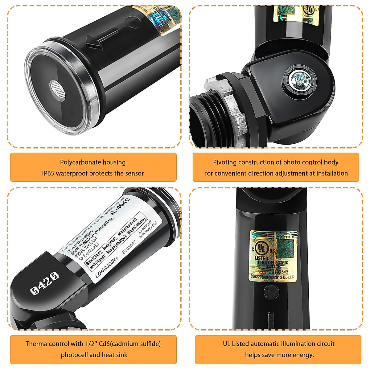 Outdoor Conduit Lighting Control with Photocell and Swivel Mount Photoelectric Switch for Wall Packs, Shoebox Porch Lights 120-277V Photocell (2 Pack)