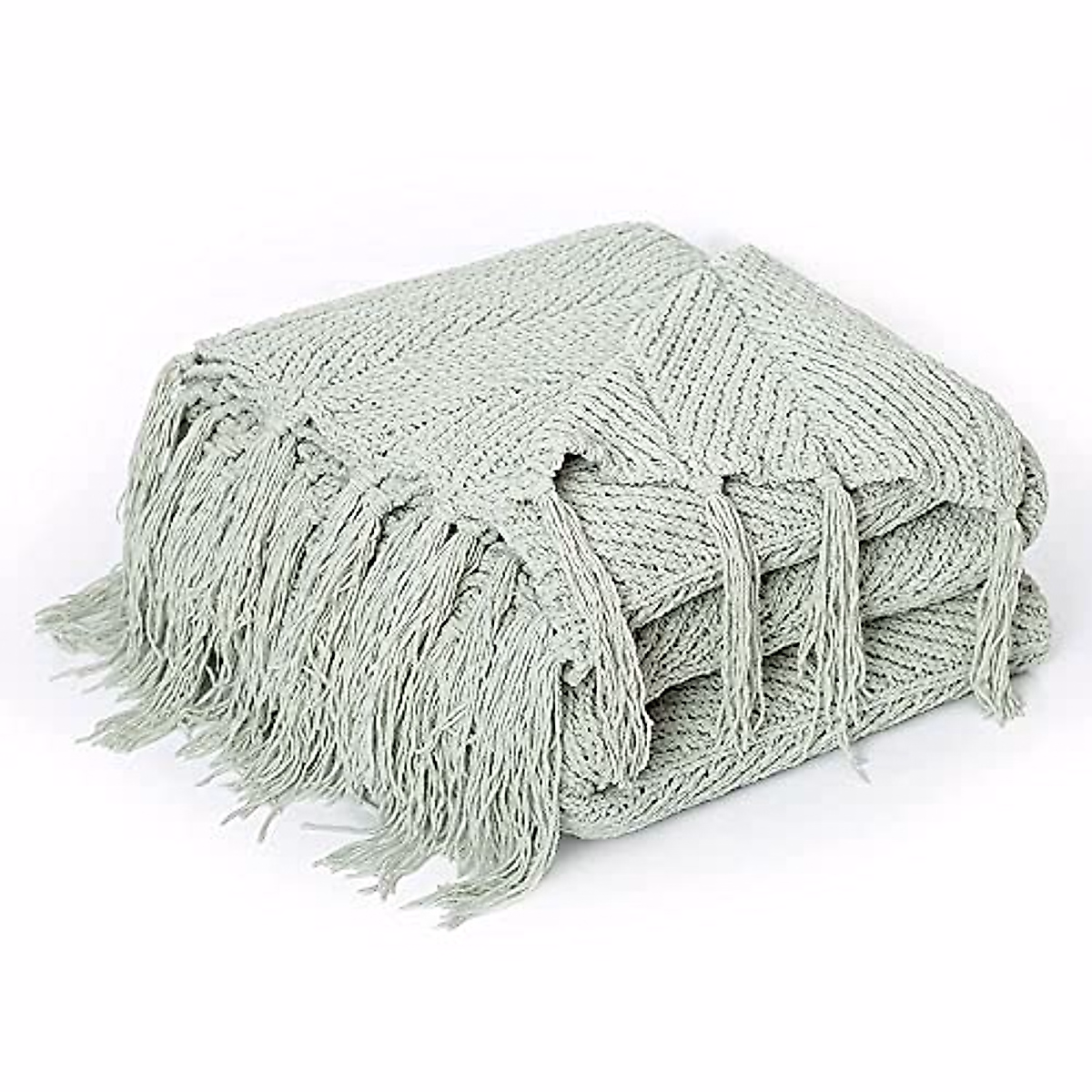 Sofila Sage Green Chenille Tassel Fringe Throw Blanket Textured Knitted Super Soft for Couch Bed Sofa Living Room Framhouse Warm Fluffy Cozy Plush Knit - 60 x 80 Inches