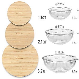 dokaworld Stackable Space-Saving Nesting Set of 3 Glass Bowls with Bamboo Lids for Foodprep, Storage, Mixing & Cooking - Microwave & Oven Safe BPA Free Durable Heat Resistant Inert Borosilicate Glass