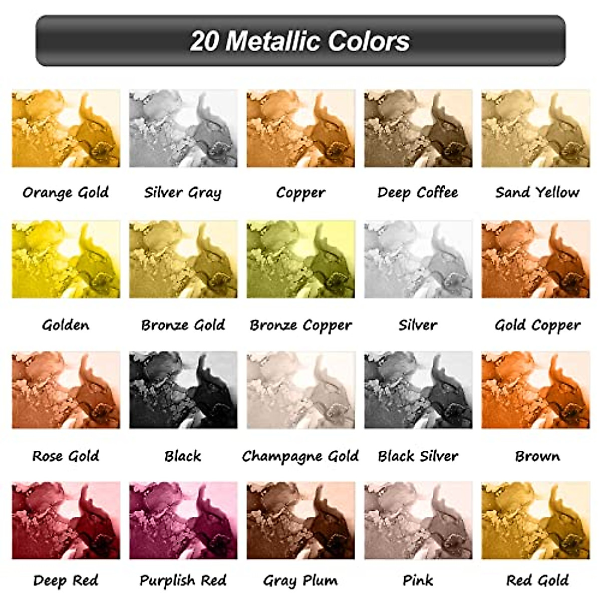Metallic Alcohol Ink Set - 20 Metal Colors, Concentrated Alcohol-Based Ink, Epoxy Resin Paint Dye for Resin Coasters, Acrylic Painting, Tumbler Making,10 ml Each