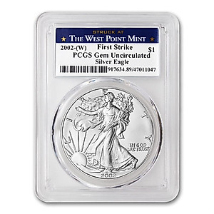 2002 (W) 1 oz American Eagle Silver Eagle Coin Gem Uncirculated (First Strike - Struck at The West Point Label) $1 PCGS GEMUNC