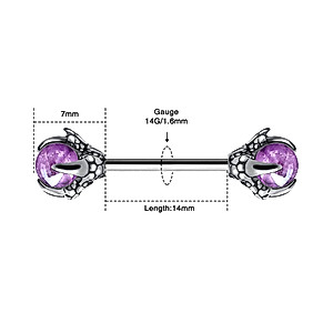 OUFER 14G Nipple Rings Dragon Claw with Natural Stone Nipple Piercing Jewelry 316L Stainless Steel Nipple For Women(Amethyst)