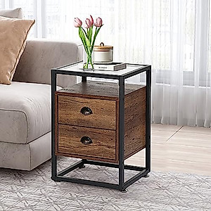 VECELO End Table, Modern Nightstand with Drawer, Night Stand Set of 2 for Bedroom Living Room,Tempered Glass, Brown/2pcs
