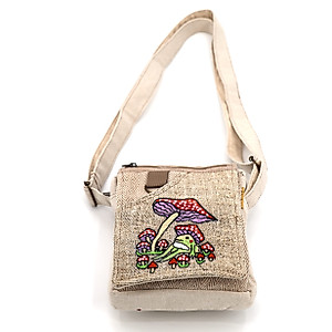 Unique design Mushroom Embroidery Hemp Hobo Passport crossbody bag Festival Travel Bag 100% Himalaya Hemp FAIR TRADE MADE Handmade with Love., Natural White