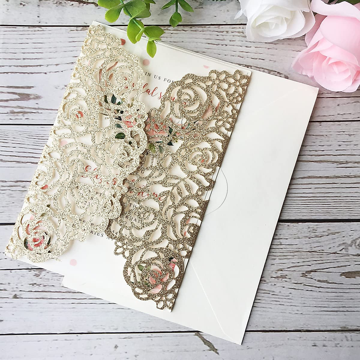 KUCHYNEE 50PCS 5.12 x 7.28'' Gold Wedding Invitations Cards with Burgundy Bowknot Laser Cut Hollow Rose Flowers Wedding Invitation for Bridal Shower Engagement Wedding Invite (Gold Glitter)