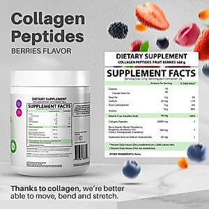 M+S Collagen Peptides Powder with Vitamin C and Hyaluronic Acid, Improves Elasticity, Hair, Skin, Nails and Joint – Sugar Free, 1.29 Lb (Berries Flavor)