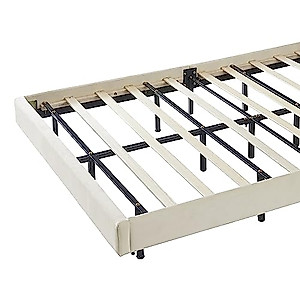 Full Size Upholstered Smart LED Bed with Elegant Flowers Headboard, Floating Velvet Upholstered Bed with Wooden Slats Support, Upholstered Smart LED Bed Frame for Kids Teens Boys Girls (Beige-ZC8S)