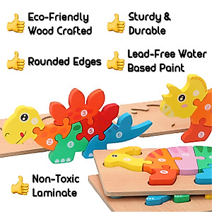 MONTESSORI MAMA Toddler Puzzles for Kids Ages 3-5 Dinosaur Puzzle 5-Pack, Montessori Toys for 3 Year Olds, Toddler Toys Age 2-4 Gifts for 3 Year Old Boys Girls, Wooden Puzzles for Toddlers