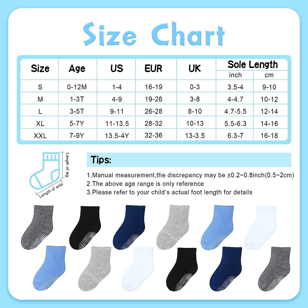 HYzgb Toddler Boys Socks 1T-2T-3T with Grips 12 Pairs Baby Socks 12-18-24 Months Non Slip Cotton Crew Grippers Socks for Toddler Children 1-2-3 Years Old (Black/White/Gray/Skyblue)