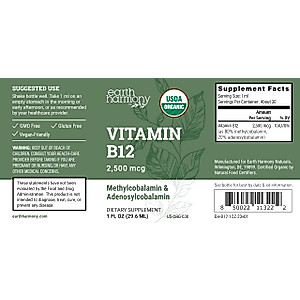 Earth Harmony Naturals Organic Vegan Vitamin B12 Sublingual Liquid Supplement - 2000mcg Methylcobalamin Drops for Natural Energy and Immune System Support - 1 Fl Oz