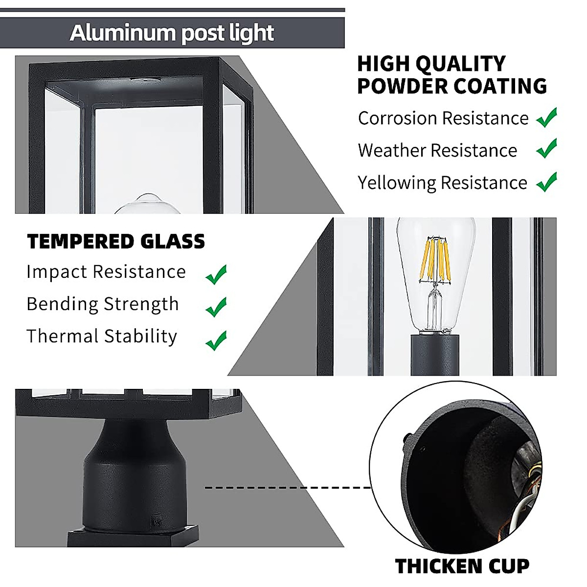 Windben Outdoor Post Light,Lamp Post Light Fixture,Post Lantern with Pier Mount Base,Matte Black,6in,Suitable for Gardens, Yards, Balconies, passages or entrances, etc