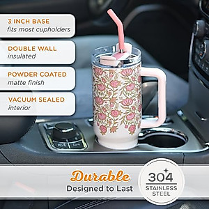 Christian Art Gifts Extra Large Stainless Steel Double Wall Vacuum Insulated Travel Tumbler for Women: Be Still Inspirational Scripture, Lid, Reusable Straw, Wide Handle, White & Pink Floral, 40 oz.