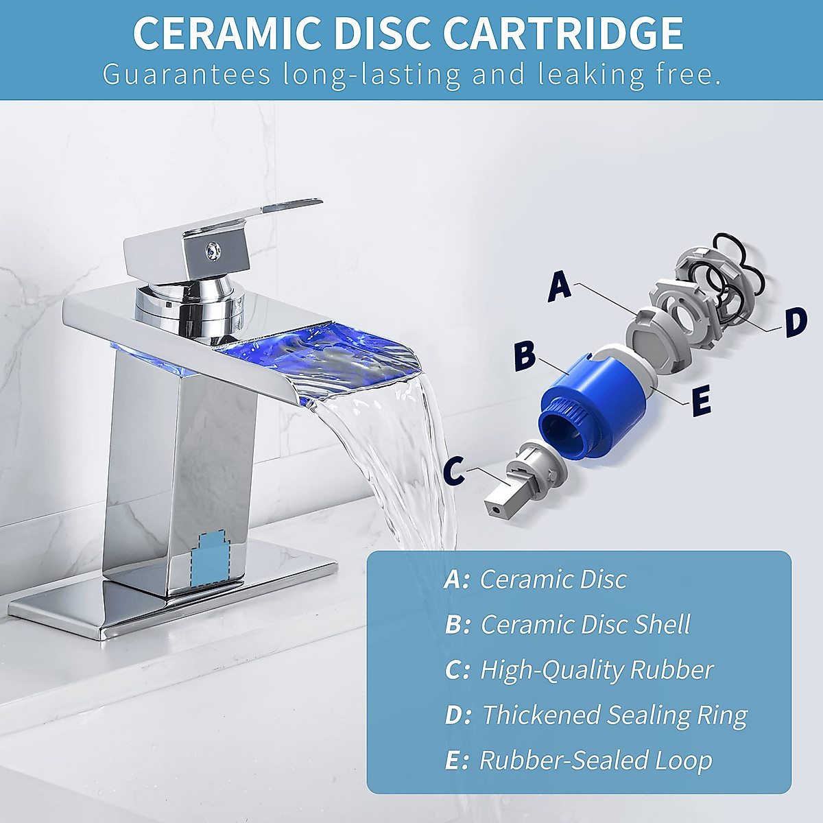 Y-Garhe LED Bathroom Sink Faucet - Chrome Single Hole or 4 Inch Centerset Waterfall Faucet with Stainless Steel Spout and Temperature-Sensitive LED Lights, Includes Deck Plate