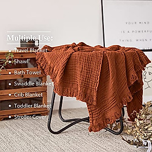 Simple&Opulence Cotton Muslin Throw Blanket for Bed, Couch, Knit Woven Gauze Blanket with Tassels, Soft Lightweight Cozy Pre-Washed Breathable Farmhouse Decoration for All-Season (Rust Orange)