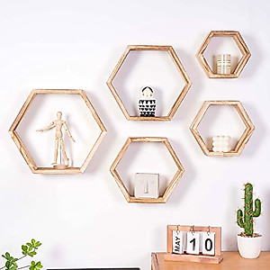WONFUlity Hexagon Floating Shelves, Wall Mounted Wood Farmhouse Storage Honeycomb Shelves Set of 5 Wall Shelf for Bathroom, Kitchen, Bedroom, Living Room,Driftwood Finish Wall Decor, Light Brown