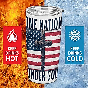One Nation Under God Cross 20 OZ Stainless Steel Tumbler Travel Car Coffee Mug with Straw Lid Cleaning Brush Coffee Tumbler Mug for Women Men